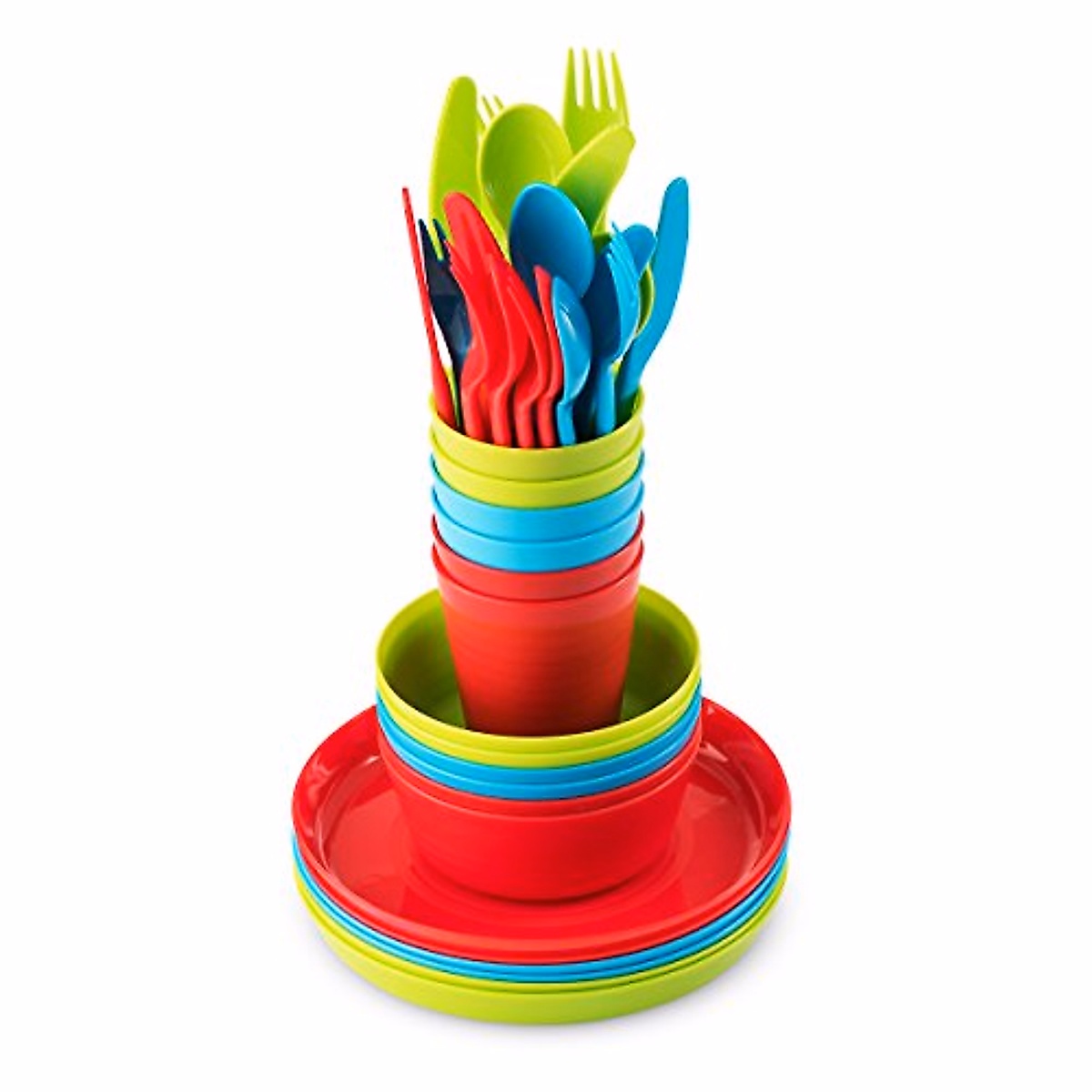 PLASKIDY Kids Plastic Dinnerware Set - 36 Pc Reusable Children's Dinner Set Microwave/Dishwasher Safe BPA Free Toddler Dishes Dinnerware Set Includes Kids Plates and Bowls Kids Cups & Flatware.