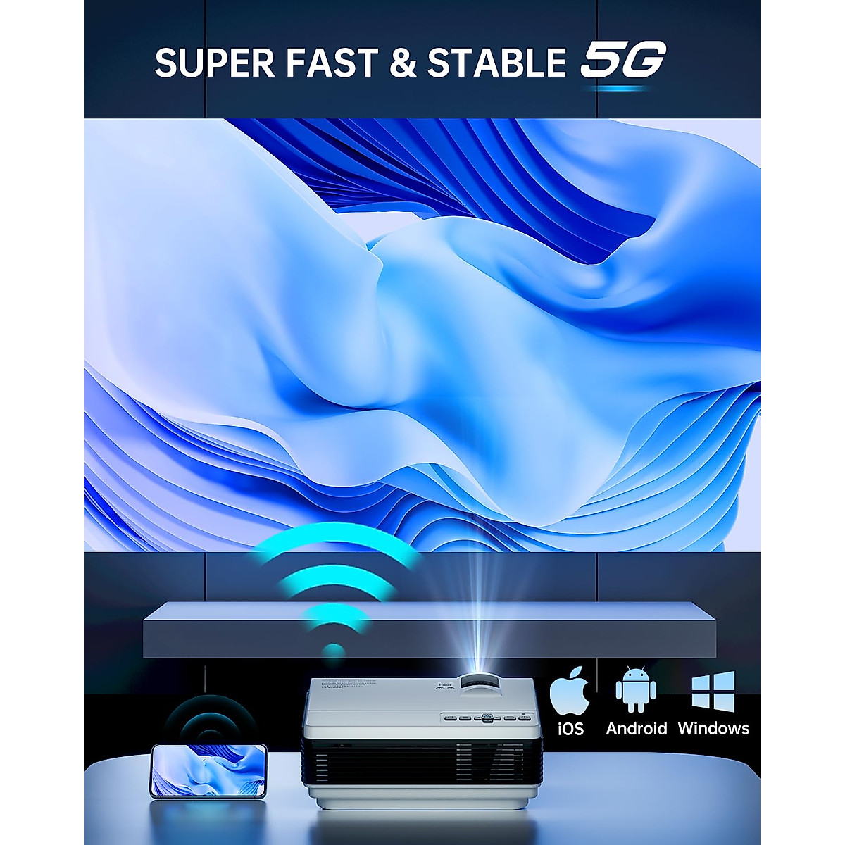 [Eyesafe Display] Projector with WiFi and Bluetooth, ADEPTICO 450 ANSI 5G WiFi Native 1080P Portable Projector w/ Bag, 4K Support, Zoom, Outdoor Movie Mini Projector for iOS/Android/TV Stick/HDMI/USB