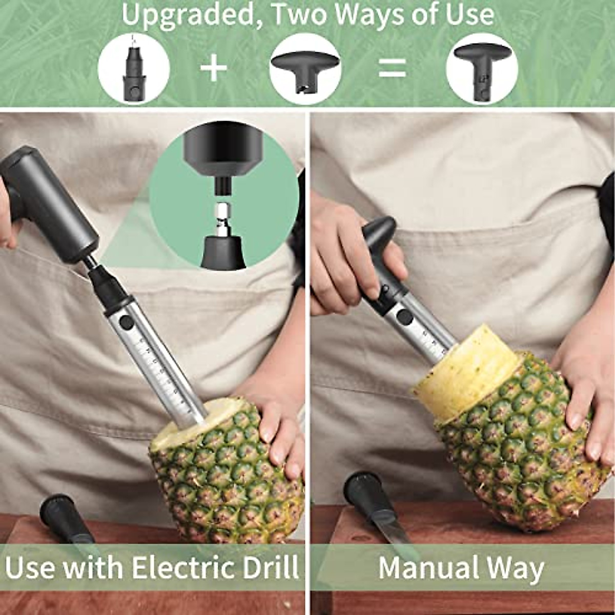 Newness Pineapple Corer with Knife, [Upgraded, Electric & Manual] Stainless Steel Fruit Pineapple Cutter with Electric Drill Accessory, Pineapple Slicer Core Remover Kitchen Tool with Measure Mark