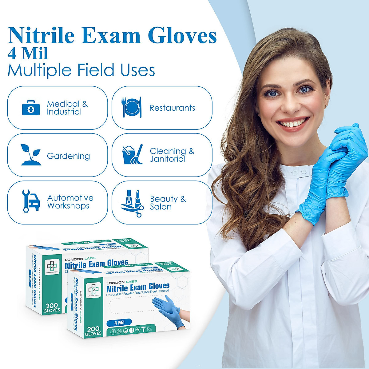 London Labs Nitrile Medical Exam Gloves 4 Mil Disposable Gloves, Latex Free Glove, Powder Free Multi-Purpose (200, X-Small)