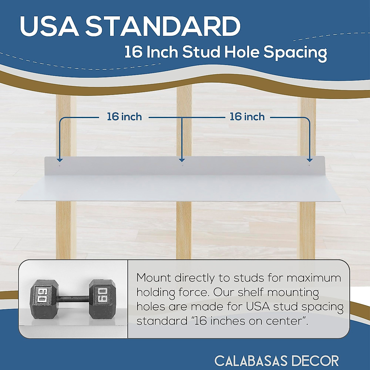 Calabasas Decor 36x8 in Metal Floating Shelf White Wall Mounted - Made in The USA - Bedroom, Living Room, Bathroom, Kitchen