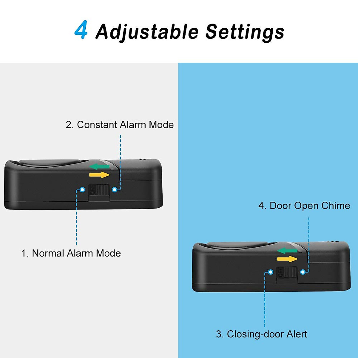 WSDCAM Window and Door Alarms for Home Security, 110dB Magnetic Sensor Alarm, Pool Door Alarm for Kids Safety, 4-in-1 Mode Small Wireless Window Alarms 4 Pack - Black
