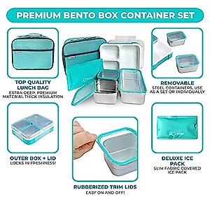 Stainless Steel Bento Lunch Box for Adults Kids with Insulated Bag and Ice Pack, Set of 3 Large Leakproof Meal Prep Food Containers for Men or Women, Lunch-Boxes for Work or School, 42 oz Teal Blue
