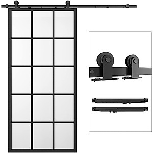 BARNSMITH 42in x 84in Frosted Glass Barn Door with 7FT Top Mounted Hardware kit Include Soft Close Mechanism DIY 15 Lites Modern Aluminum Frame Glass Sliding Barn Door Disassembled Easy Installation