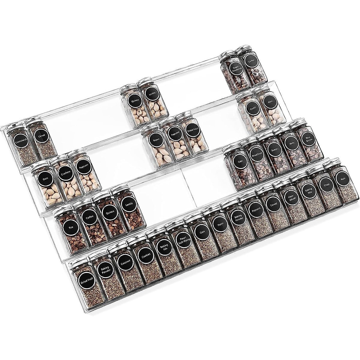 Clear Acrylic Spice Drawer Organizer, 4 Tier- 2 Set Seasoning Jars Drawers Insert, Expandable From 11" to 22", Kitchen Spice Rack Tray for Drawer/Countertop (Jars not included)