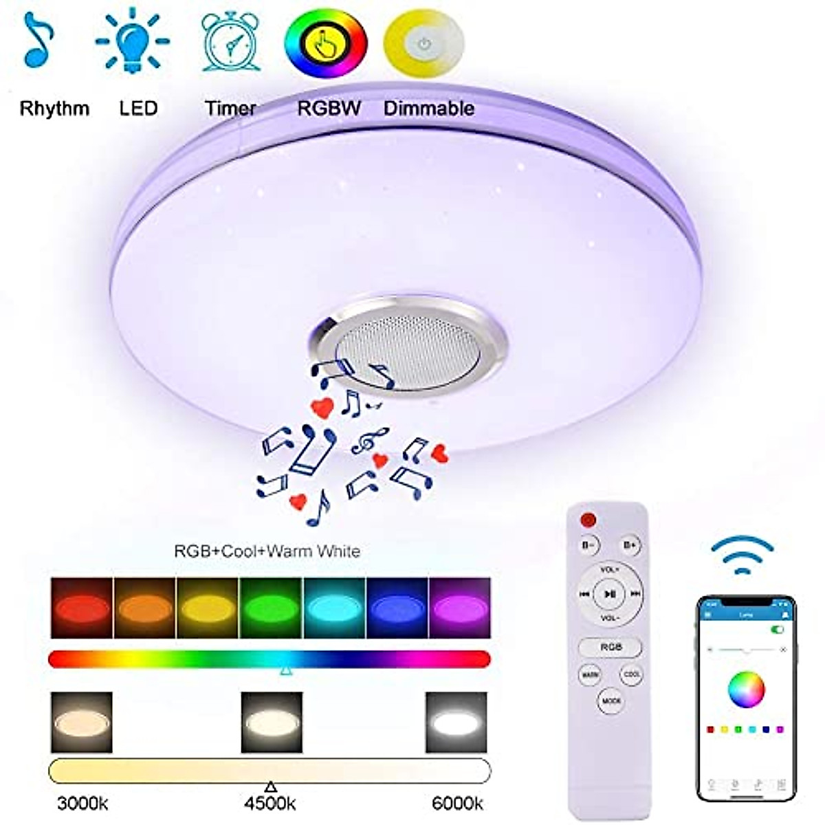 WZTO 36W LED Music Ceiling Light with Bluetooth Speaker, RGB LED Flush Mount Smartphone APP Control Remote Color Changing Ceiling Lamp, Waterproof Light Fixture for Kids Room Bedroom
