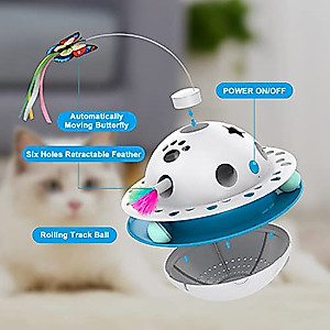 Tyasoleil 3 in 1 Smart Cat Toys, Interactive Cat Roly Poly Toy, Electric Indoor Kitten Toys, Fluttering Butterfly,Random Whack-A-Mole Mice, Dual Power Supplies, Auto On/Off（Blue）