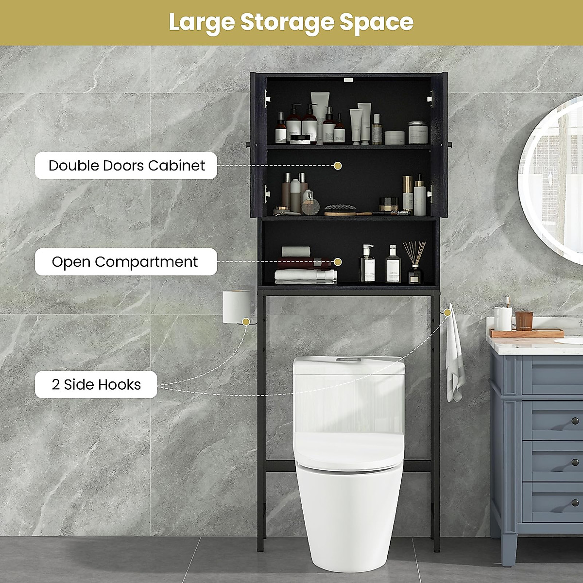 Giantex Over The Toilet Storage Cabinet - Toilet Shelf Rack with Anti-Tip Device, Open Compartment, Adjustable Shelf & Bottom Bar, Bathroom Space Saver, Over Toilet Bathroom Organizer (Black)