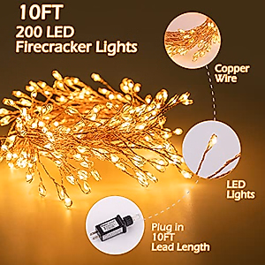 Cluster Fairy Lights with Remote, 10Feet 200LED Firecracker String Lights Plug in, Waterproof Copper Wire Firefly Lights for Bedroom Window Mantle Weddings Christmas Tree Decoration, Warm White