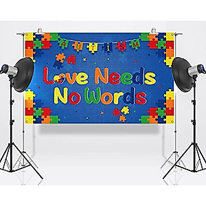 Nepnuser Love Needs No Words Photo Booth Backdrop Puzzle Piece April Autism Awareness Decoration Indoor Outdoor Wall Decor-5.9×3.6ft