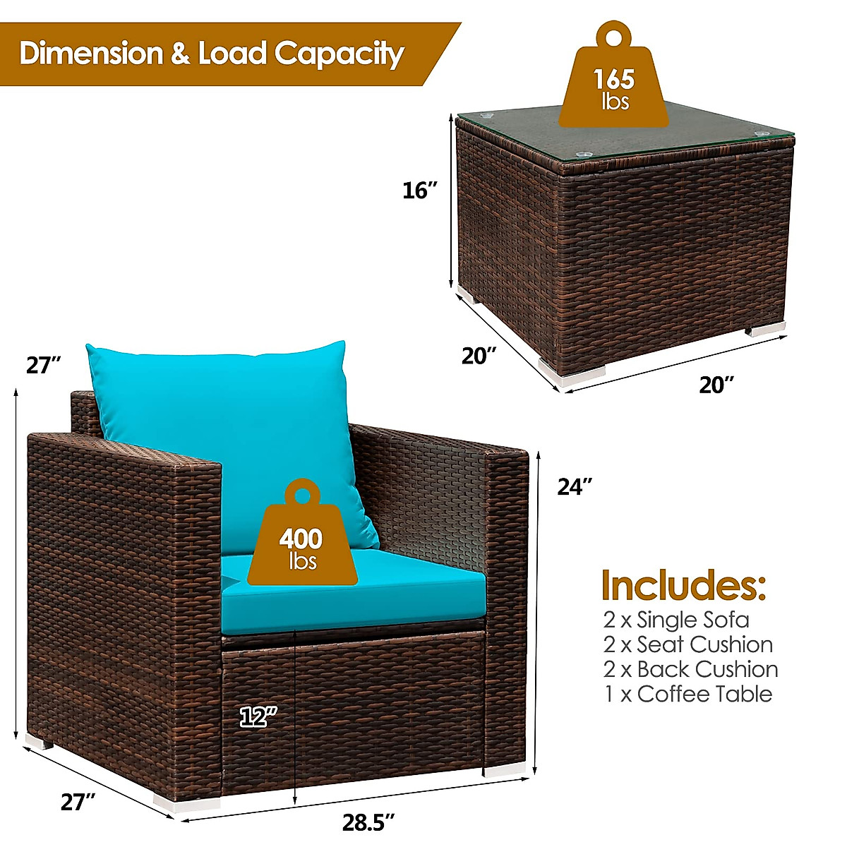 HAPPYGRILL 3 Pieces Patio Furniture Set PE Rattan Wicker Sofa Set with Cushions and Coffee Table Outdoor Patio Conversation Set for Garden Poolside Balcony
