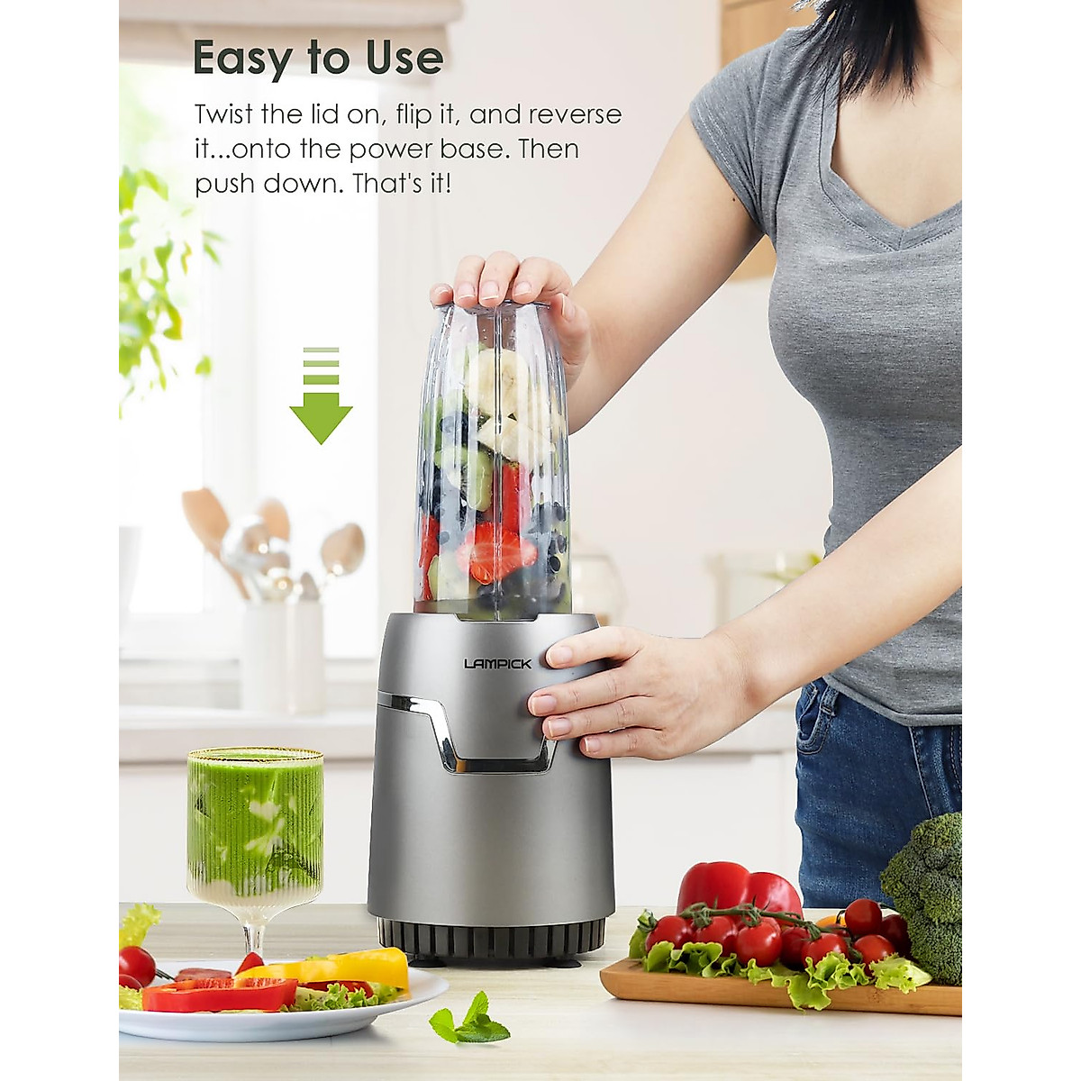 LAMPICK Smoothie Blender, 1100W Personal Blender for Shakes and Smoothies, Blenders and Grinder Combo for Kitchen with 2*27 Oz To-Go Cup & 10 Oz Grinding Cup for Protein Shake, Baby Food, Frozen Drink