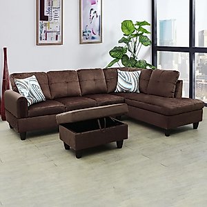 EMKK Sectional Sofa Couches for Living Room, Upholstered 4 Seat L-Shaped Sofa&Couch with Flannel Fabric and Chaises for Apartment, Office