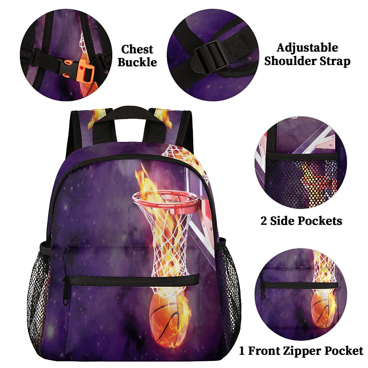 YoCosy Purple Galaxy Sport Basketball Kids Backpack Boys Girls Toddler Bookbag for Elementary School Kindergarten Preschool Children Travel With Chest Strap