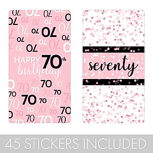DISTINCTIVS Pink, Black, and White 70th Birthday Party Mini Candy Bar Wrappers - 45 Count, 70th Birthday Decorations for Women