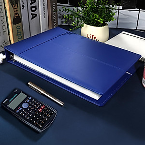 SUNEE 7 Ring Check Binder for Business Checks with Zipper Pouch, PU Leather Blue Checkbook Binder Portfolio, 600 Checks Capacity for 9 x 13 Inch Sheet, Office Folder Supplies