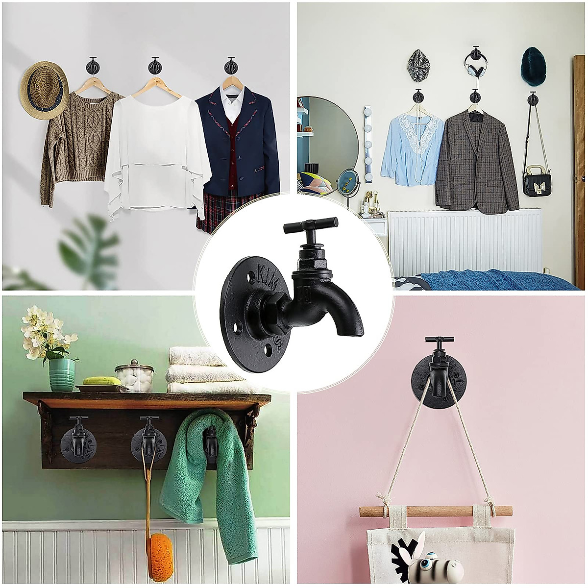 Sumnacon 2 Pcs Industrial Pipe Coat Hook Racks- Heavy Duty Rustic Hat Robe Towel Holder Hanger, Wall Mounted Clothing Racks with Hardware for Home, Office, Electroplated Black Finish