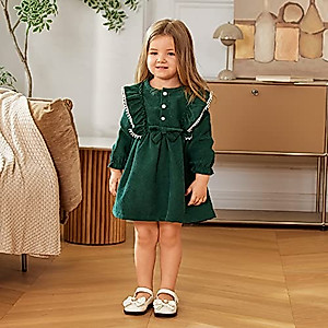 Toddler Girl Fall Dress Kid Solid Corduroy Ruffle Long Sleeve Princess Dress Winter Outfit Little Girl Casual Clothes(Green, 18-24M)