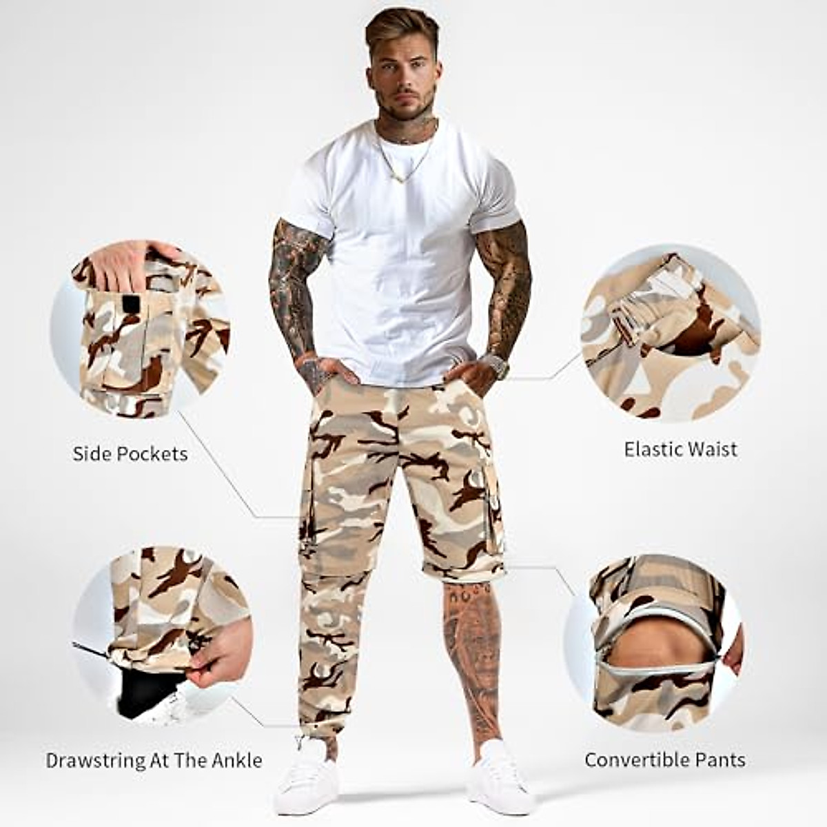 GINGTTO Men's Convertible Outdoor Hiking Pants Slim Fit Tactical Pants for Men Stretch Joggers Golf Travel Pants Camo Khaki 38