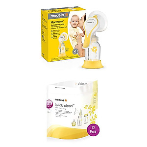 Medela New Harmony Manual Breast Pump with Flex Breast Shield and Quick Clean MicroSteam Bags, Single Hand Breastpump, 12 Count Sterilizing Bags for Bottles & Pump Parts, Disinfects Most Accessories