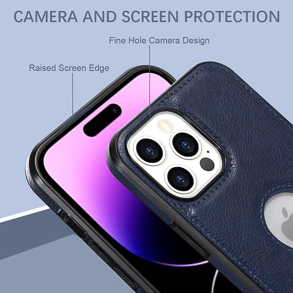 MZELQ for iPhone 14 Pro Max Case PU Leather Vegan Slim Logo View Luxury Elegant Classic Screen Protector Protective Phone Case (2022) 6.7" - Blue