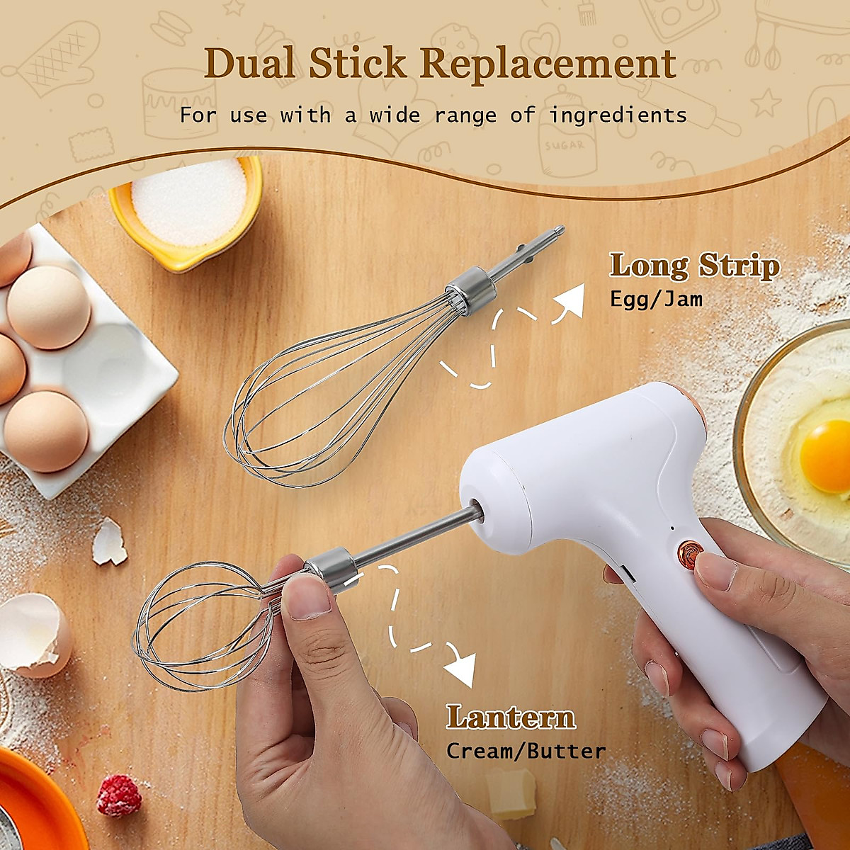 CHIDOYII Cordless Hand Mixer, Handheld Electric Whisk with 3 Speed Modes, Hand Held Egg Beater with 2 Detachable Stir Whisks (White)