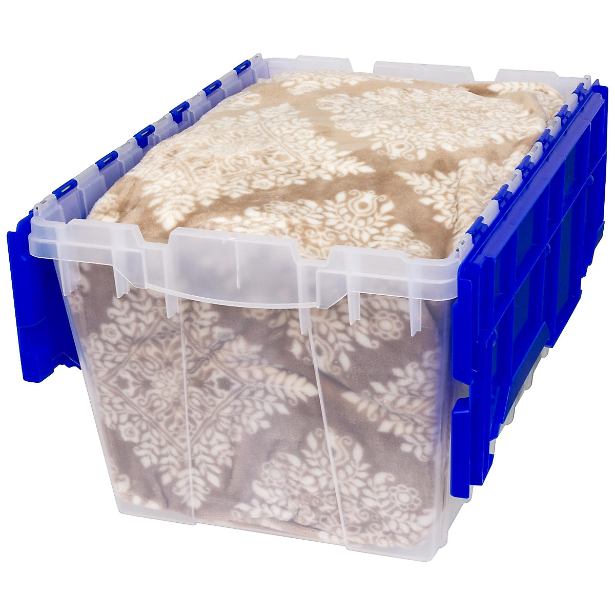 Akro-Mils 66486 12-Gallon Plastic Stackable Storage Keepbox Tote Container with Attached Hinged Lid, 21-1/2-Inch x 15-Inch x 12-1/2-Inch, Clear/Blue