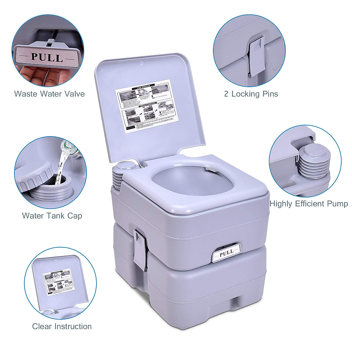S AFSTAR Portable Flush Toilet Potty Commode 5.3 Gallon 20L for Camping RV, Boating and Other Recreational Activities, Powerful Push Pump Compact Commode w/Waste Tank & Built-in Rotating Spout