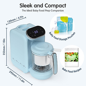 Awesmom Baby Food Maker, 5 in 1 Baby Food Processor, Smart Control Multifunctional Steamer Grinder with Food Pouches, Puree Blender, Auto Cooking & Grinding, Baby Food Warmer Mills Machine, Blue