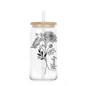 Iced Coffee Glass Cup with Bamboo Lid and Straw - Personalized Birth Month Flower and Name - Gift for Her Birthday, Mothers Day Gift, Christmas, Bridesmaid Gift Ideas