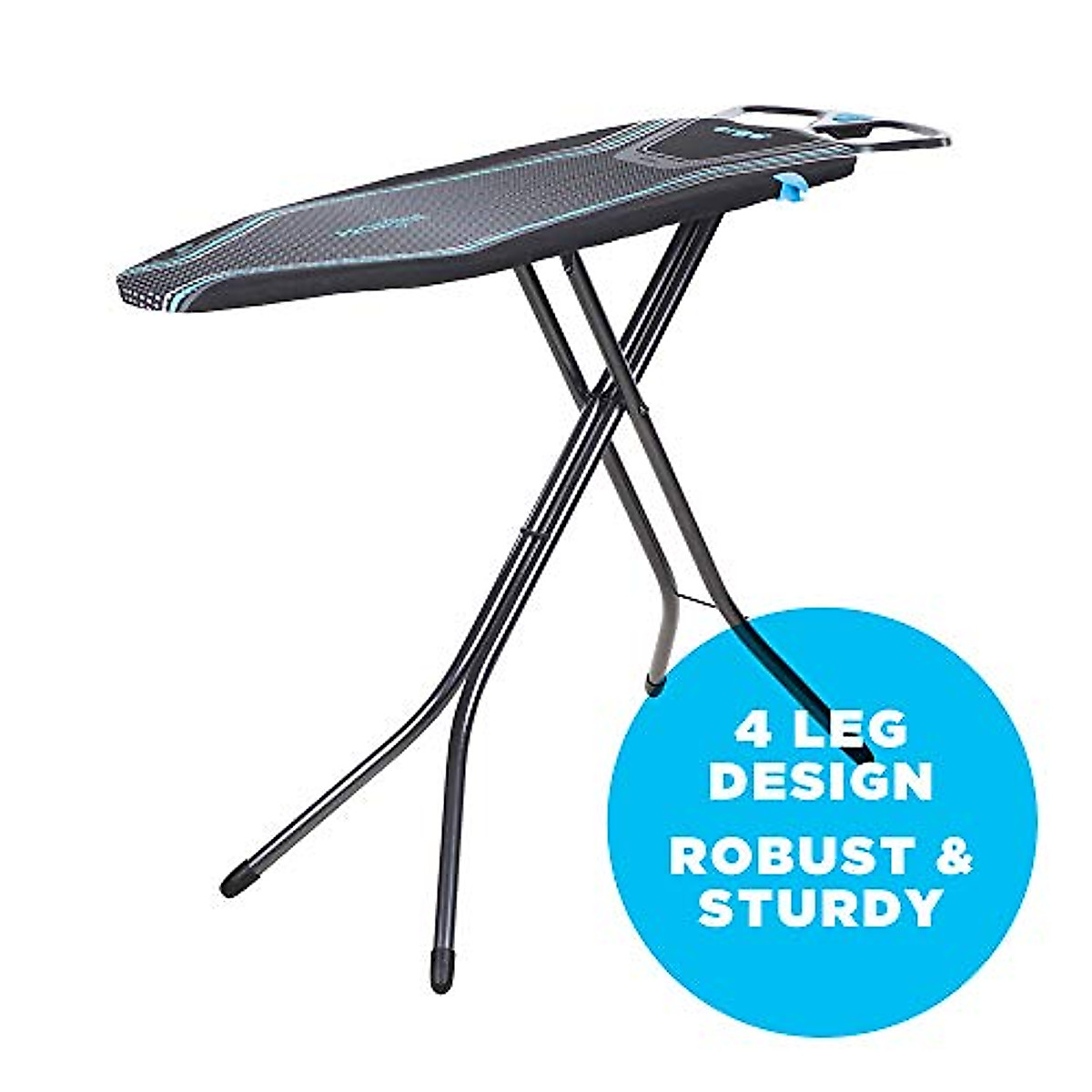 Minky Ergo Prozone Ironing Board | Made in UK | Dual Iron Rest, Heat Reflective Cover, Thick Felt Underlay - Freestanding Ironing Board with Large 48" x 15" Ironing Surface (Gunmetal and Blue)