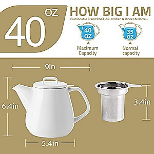 SWEEJAR Ceramic Teapot, Large Tea Pot with Stainless Steel Infuser, 40 Ounce, Blooming & Loose Leaf Teapot for Tea Lover, Gift, Family (White)