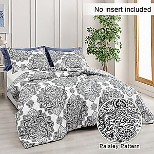 PHF Washed Soft Duvet Cover Set California King Size, 3 Piece Boho Paisley Printed Comforter Cover Set, Ultra Soft Comfy Durable Floral Farmhouse Duvet Cover with Zipper Closure, 104x98, Black