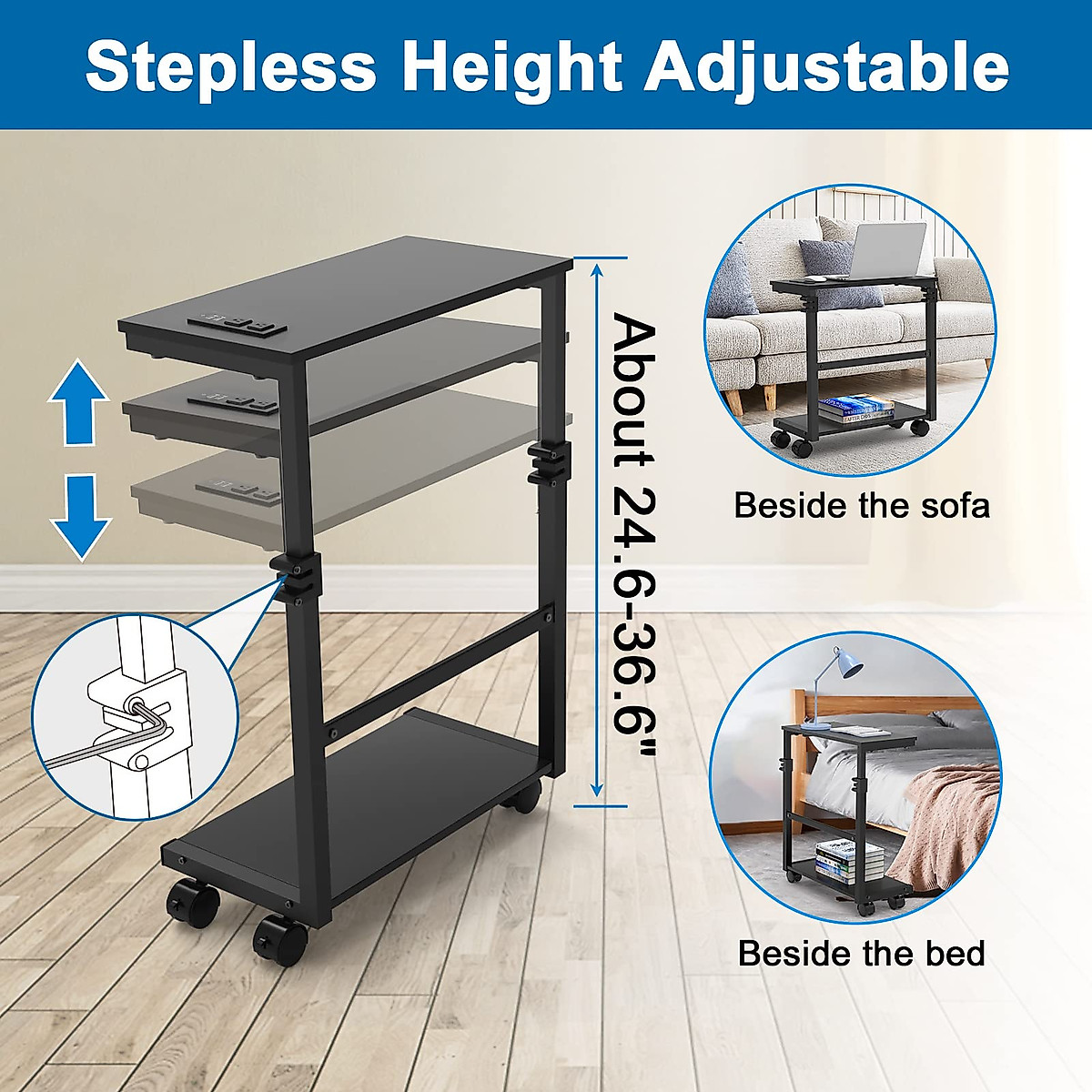AQQEF Computer Tower Stand Stepless Height Adjustable Computer Tower Cart and PC Stand with Socket and USB Charging Port, Under Desk CPU Stand - 2 Tier