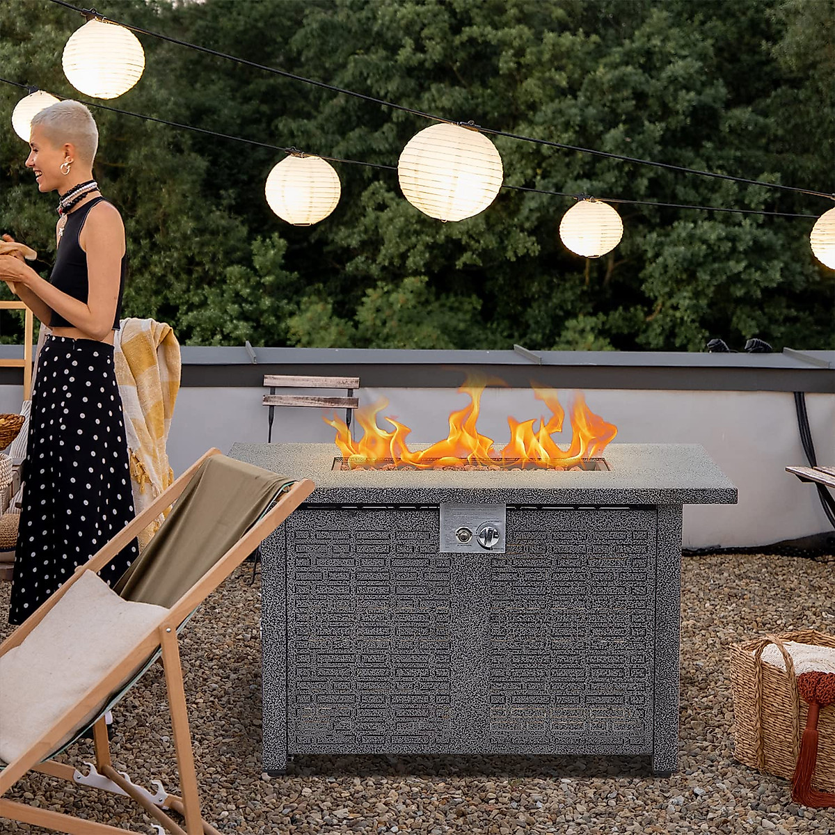 ESSENTIAL LOUNGER 42 inch 50,000BTU Propane Gas Fire Pit Table, Hollow Wrought Steel Fire Table, with Tempered Glass Cover and Black Steel Lid