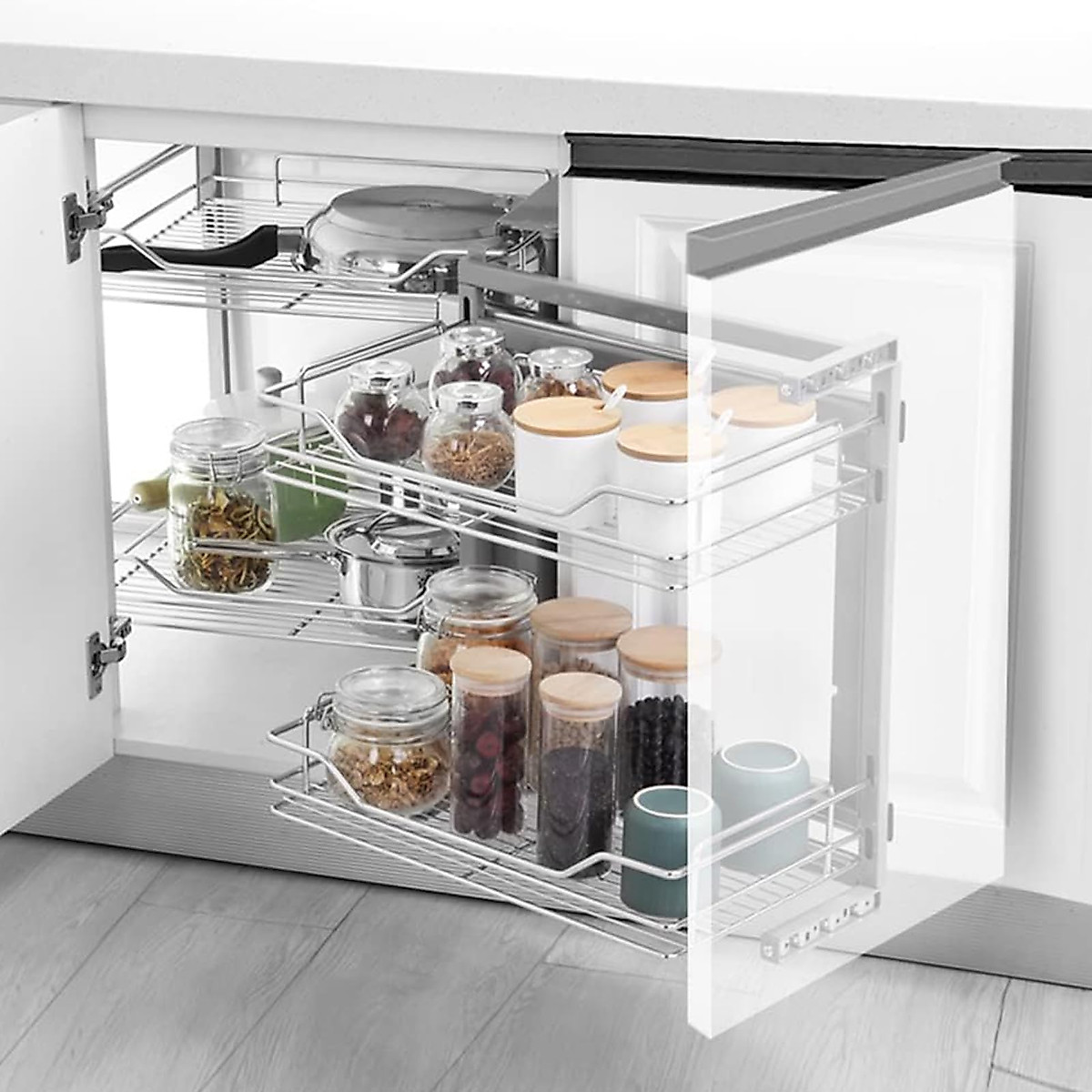 QLYFWLKQ 15" Blind Corner Organizers, Magic Corner Base Cabinet Pull Out Left, 2 Tier Pull Out Cabinet Organizer for Kitchen Cabinet (LeftOpen)