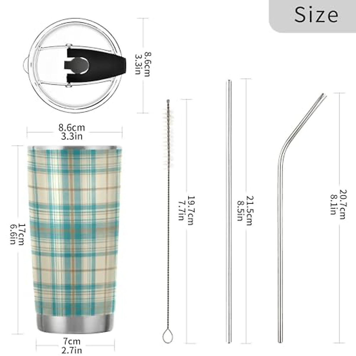 Green and White Check Stainless Steel straw, vacuum insulated water bottle with Lid and Straw travel coffee mug with lid for Home, Office or Car simply modern flip straw tumbler vaso para agua