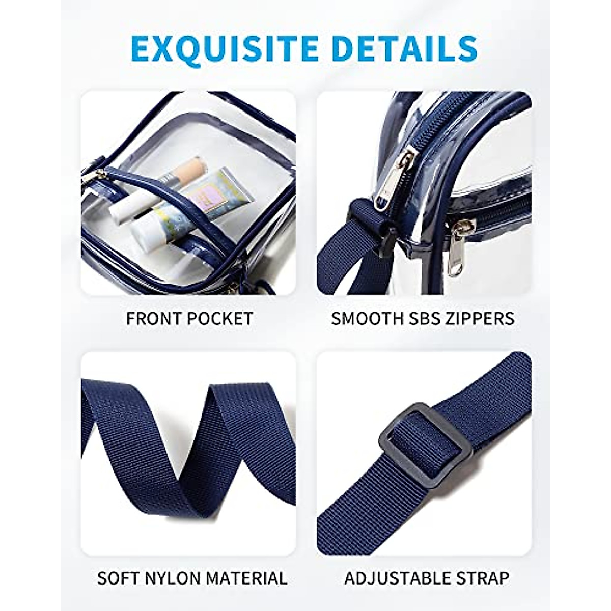 Vorspack Clear Bag Stadium Approved - PVC Clear Purse Clear Crossbody Bag with Front Pocket for Concerts Sports Festivals - Navy Blue