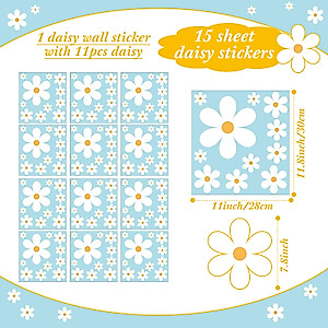 165 Pieces 15 Sheet Large Daisy Wall Decals Daisy Flower Wall Stickers Vinyl Peel and Stick Floral Wall Decal Daisy Wall Decor for Nursery Playroom Bedroom Living Room Wall(Fresh)