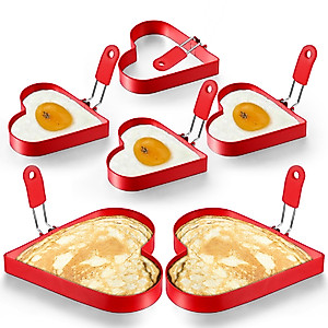 Patelai 6 Pcs Nonstick Pancake Ring 6'' and 4'' Stainless Red Heart Egg Rings Set Heart Shaped Pancake Mold Egg Rings with Red Silicone Handle for Breakfast Love Omelette Sandwich