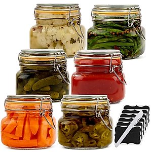Glass Jars with Airtight Lid 16 oz | Glass Airtight Food Storage Containers | Clear Leak Proof Rubber Gasket and Clamp Lid [Set of 6]