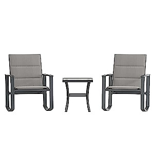 Flash Furniture FV-FSC-2315-GRY-GG Brazos Outdoor Rocking Chair Bistro Flex Comfort Material and Metal Framed Glass Top Table, 3-Piece Set, Gray/Black