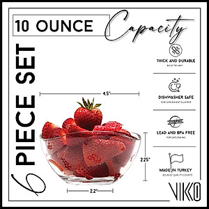 Vikko Glass Bowls, Set of 6 Decorative Glass Dessert Bowls, 10 Ounce Glass Dish for Dessert, Candy, Kitchen Prep, Dishwasher Safe