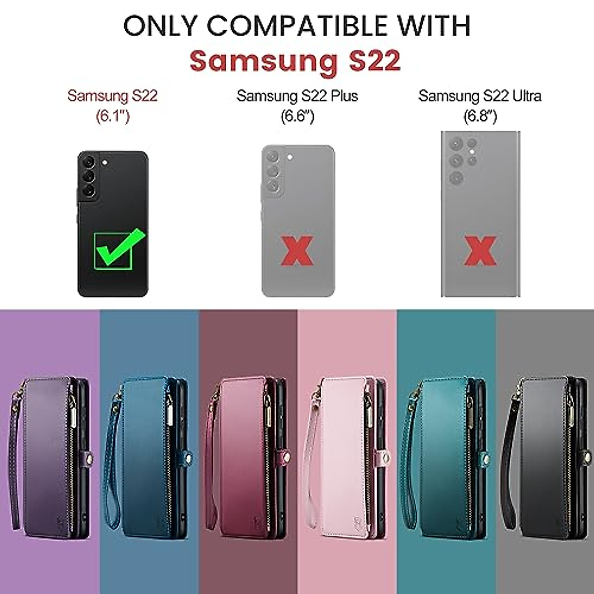 Strapurs Compatible with Samsung Galaxy S22 Wallet Case, for Galaxy S22 Case Wallet with Card Holder【RFID Blocking】 Zipper Wristlet PU Leather Magnetic Flip Folio Cover for Women and Men,Purple