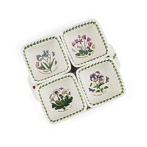 Portmeirion Botanic Garden 5-Piece Accent Bowl Set | 8 Inch Handled Plate with 3.75 Inch Square Bowls | Assorted Floral Motifs | Made from Porcelain | Microwave and Dishwasher Safe