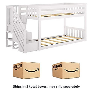 Max & Lily Low Bunk Bed, Twin-Over-Twin Bed Frame For Kids With Stairs, White