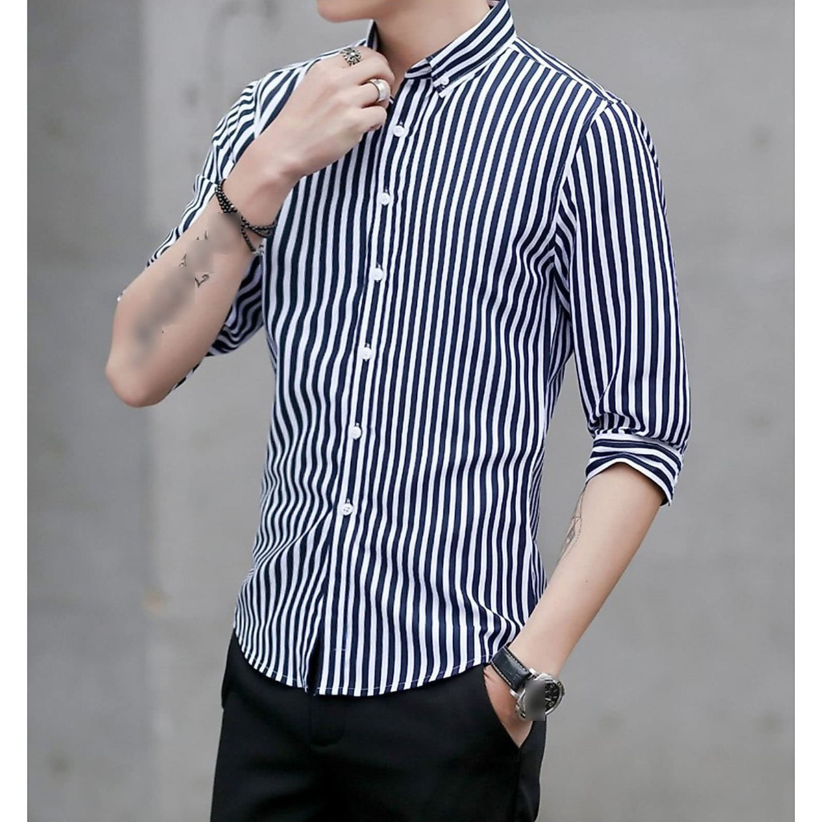 Men's Striped Button Down Shirts Casual Turn-Down Collar Slim Fit Shirts Classic Stylish Business Dress Shirts (Black,Large)