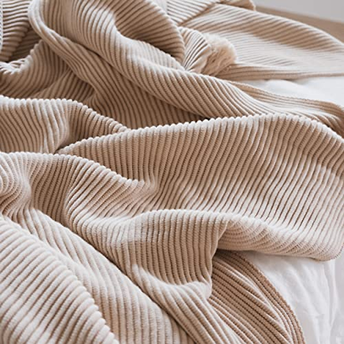 Lumi Living 100% Soft Cotton Textured Raised Stripes Rib Knit Throw Blanket with Tassels (Neutral)