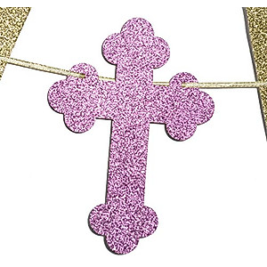 God Bless Banner, Baptism Garland Sign Gold Glitter for First Communion Christening Party Decorations Photo Props