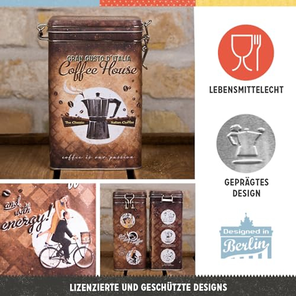 Nostalgic-Art Retro coffee tin box, 44 oz, Coffee House – Gift idea for coffee fans, metal clip top can, vintage design